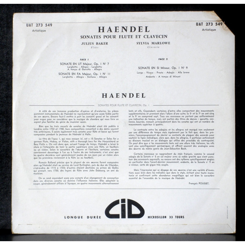 Haendel sonates flûte op 1/7, 9 & 11 de Julius Baker Sylvia Marlowe ...