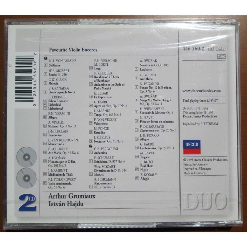 Favourite violin encores / arthur grumiaux, istván hajdu - Paradis—Veracini—Kodály—Bloch—Fiocco ...