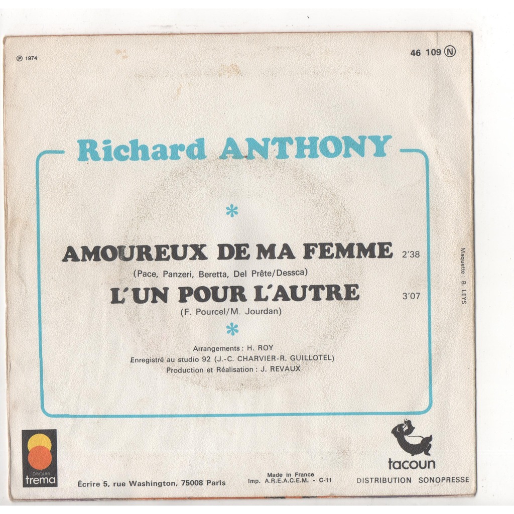 Amoureux de ma femme/l'un pour l'autre de Richard Anthony, 45T x 2 (EP ...