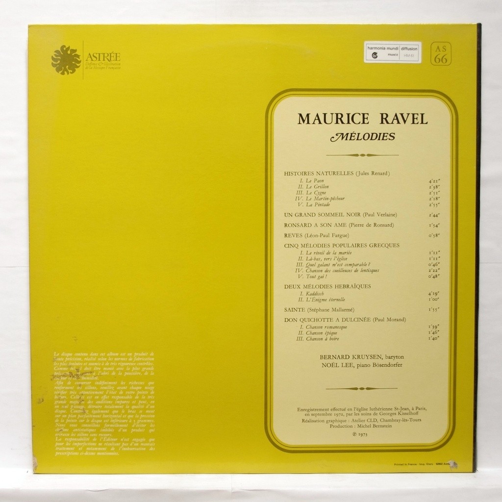 Ravel : melodies histoires naturelles / 5 melodies / un grand sommeil ...