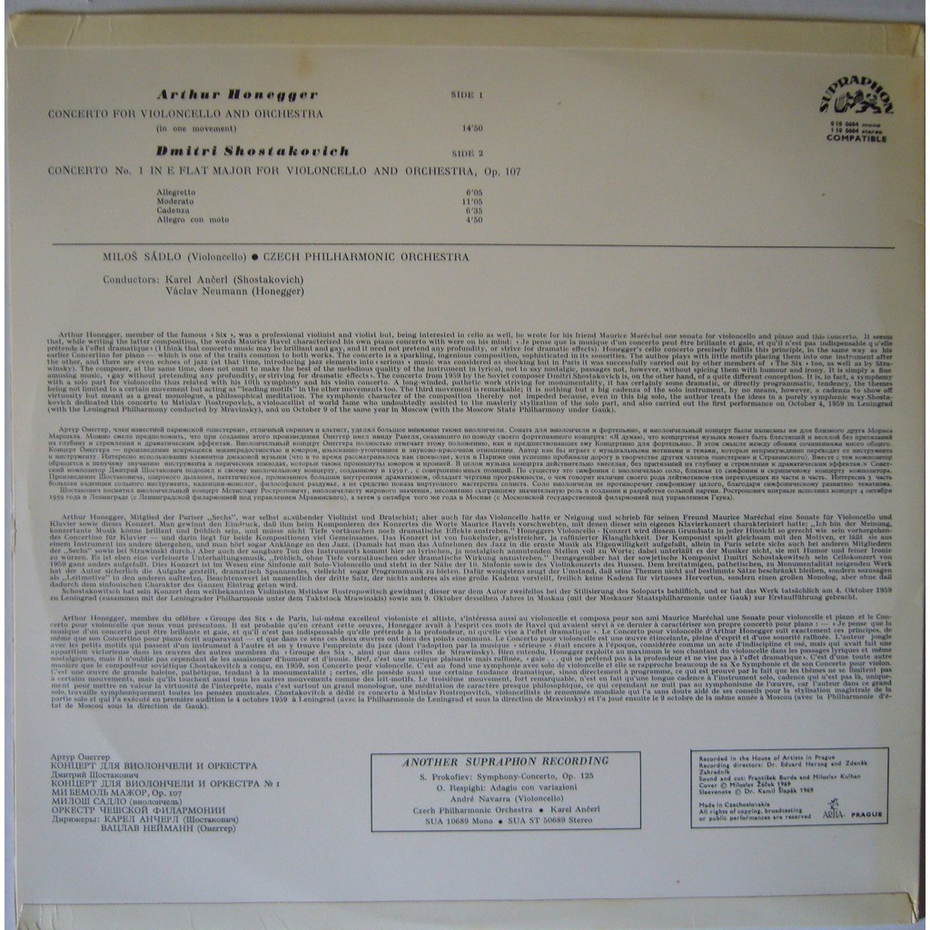 Honegger shostakovich cello concertos czech supraphon 1 10 0604 mint by ...