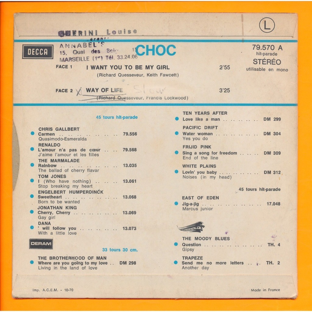 I want you to be my girl - way of life de Choc - Richard Kennings, SP ...