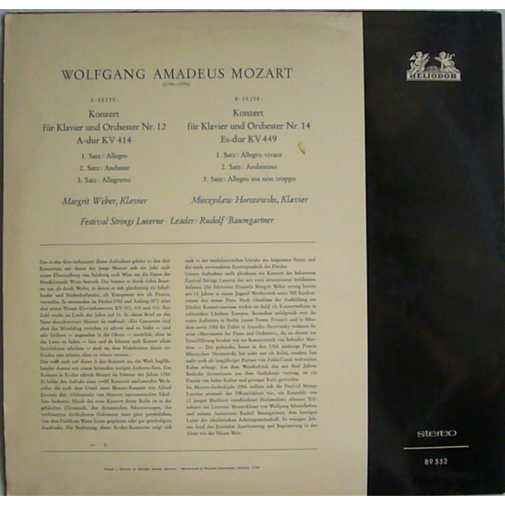 Mozart piano concertos #12 & 14 baumgartner germany heliodor st 89 552 ...