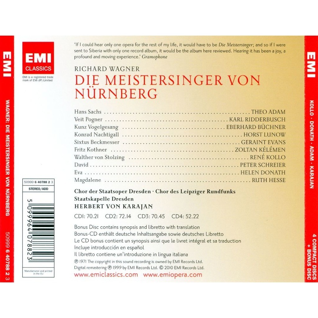 Die meistersinger von nürnberg / dresden staatskapelle, karajan, kollo, donath, adam, lunow ...