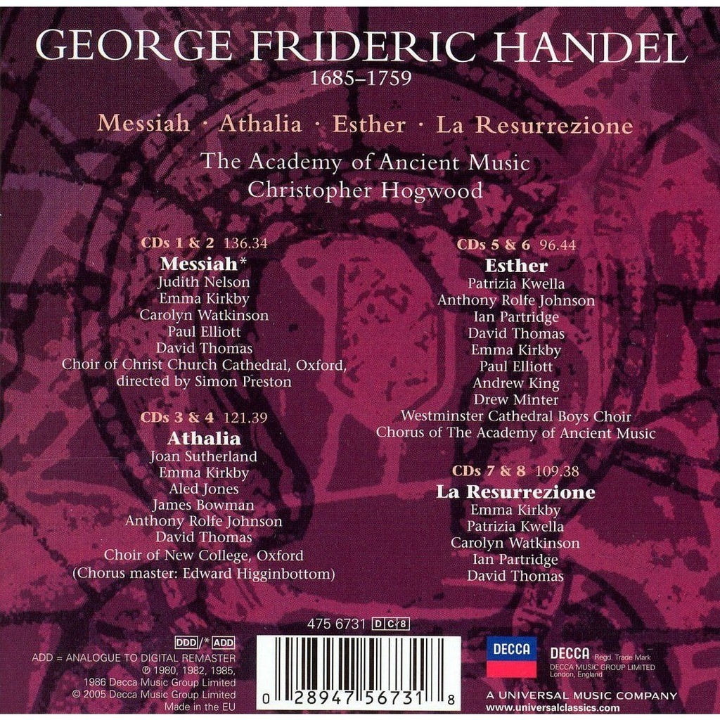 Messiah, athalia, esther, la resurrezione / hogwood, academy of ancient ...