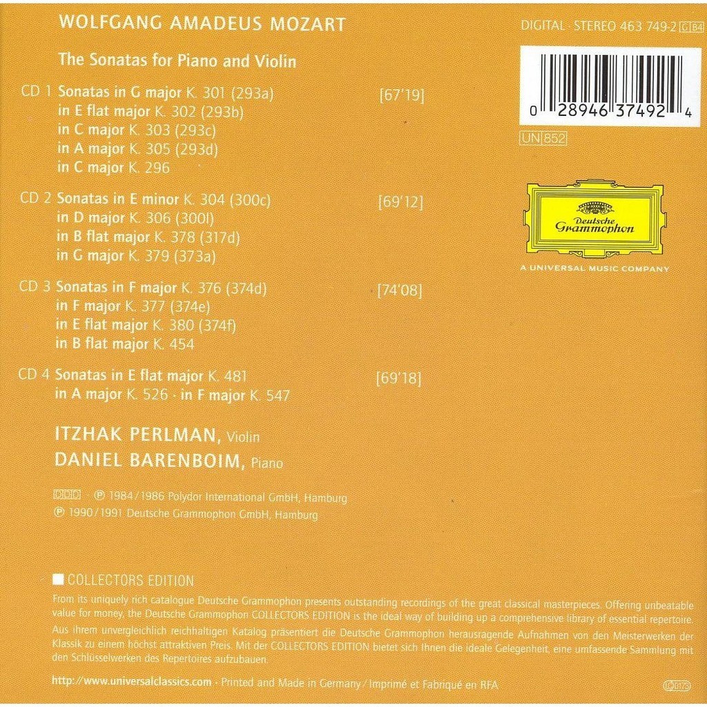 The violin sonatas / itzhak perlman, daniel barenboim de Mozart, Wolfgang Amadeus, CD x 4 chez ...