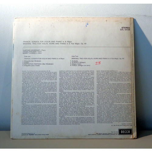 Franck sonata for violin & piano brahms trio by Vladimir Ashkenazy & Itzhak Perlman & B Tuckwell ...