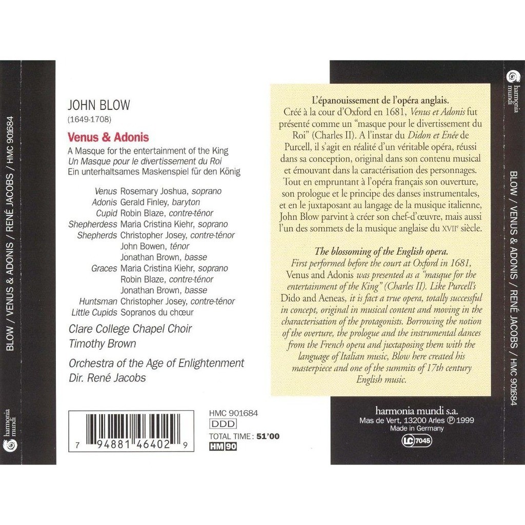 Venus & adonis / orchestra of the age of enlightenment, rené jacobs de Blow, John (1649-1708 ...