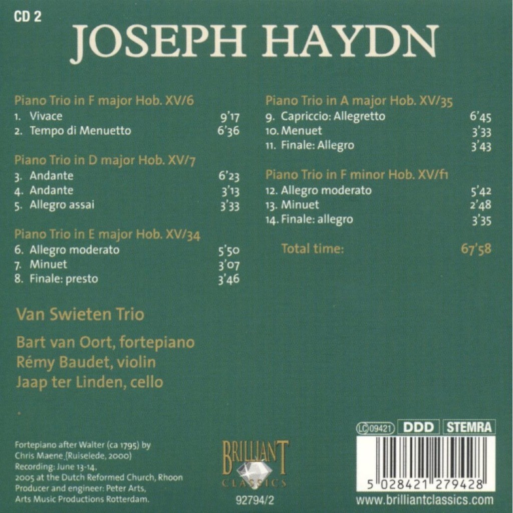 Piano trios hob. 6 - 7 - 34 - 35 - f1 / van swieten trio de Haydn, Joseph, CD chez melomaan ...