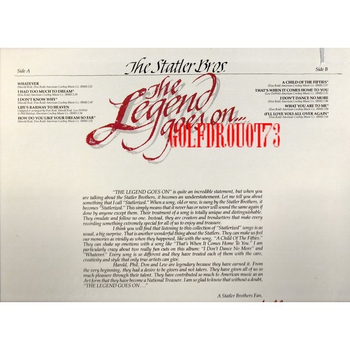 The legend goes on ... de Statler Brothers (The), 33T chez golfdrouot73 - Ref:119301269