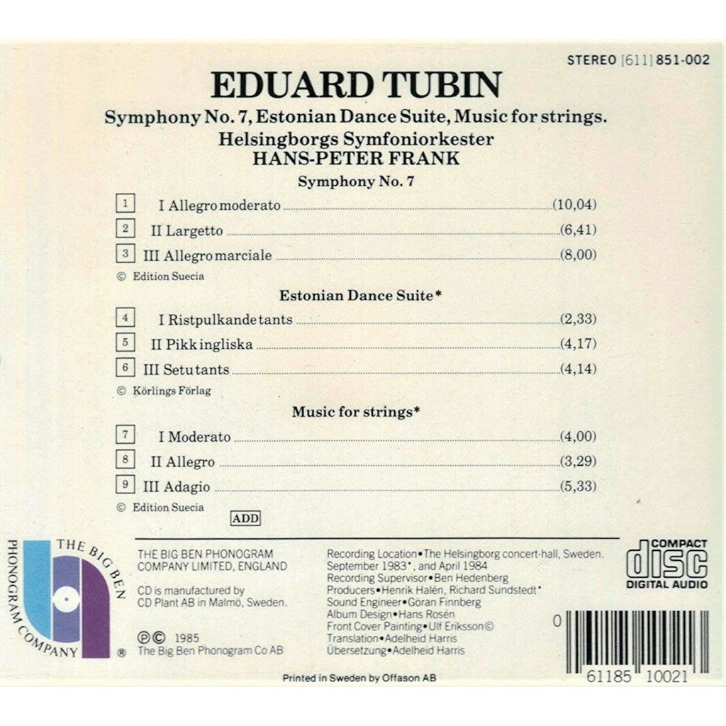 Symphony 7; estonian dance suite; music for strings / helsingborgs ...