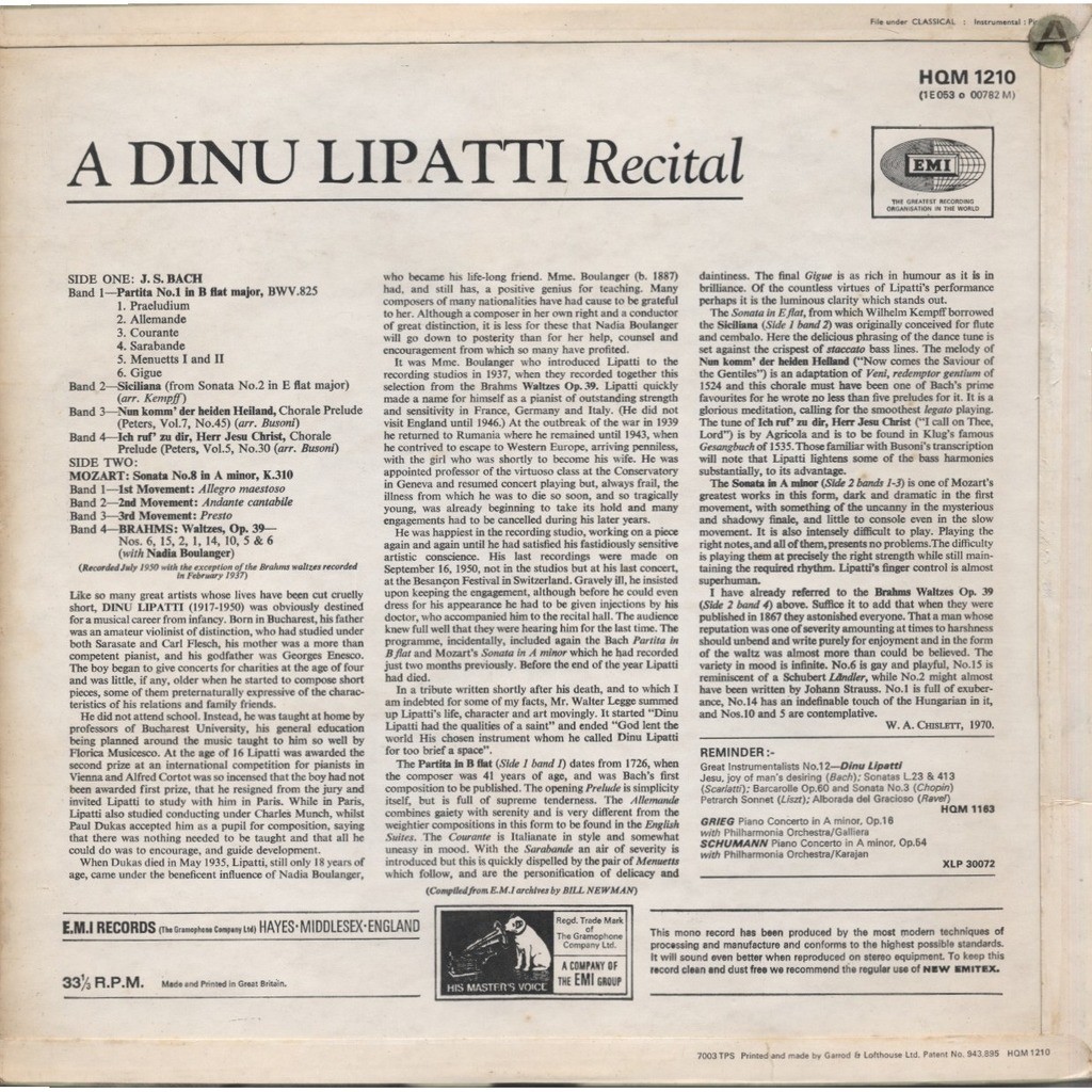 A dinu lipatti recital (mono): bach partita 1, mozart sonata 8, brahms ...