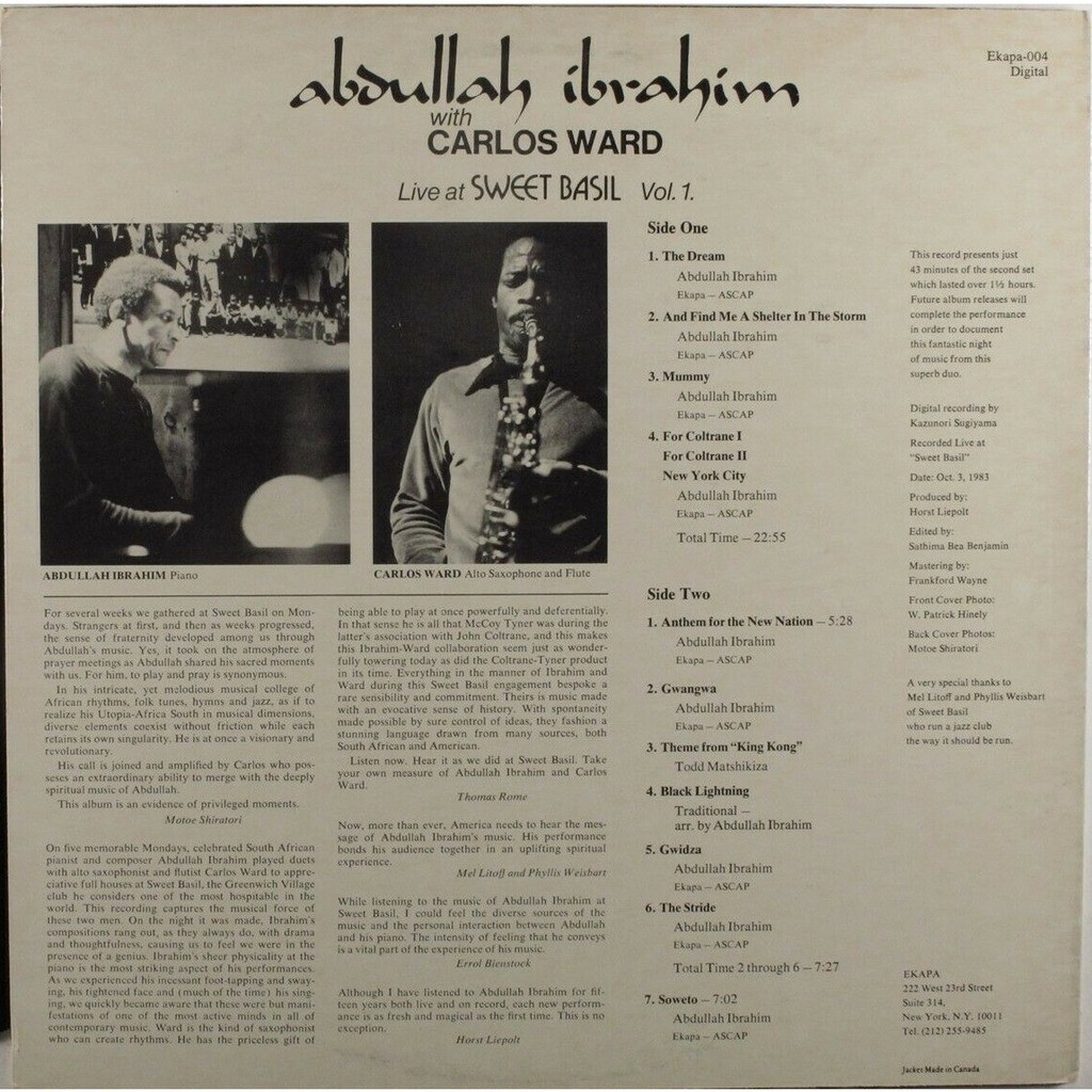 Abdullah ibrahim with carlos ward - live at sweet basil vol. 1 ...