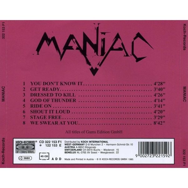 Maniac de Maniac, CD chez kamchatka - Ref:119611017