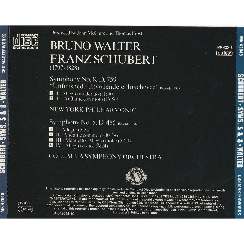 Schubert: symphony no. 8 unfinished/symphony no. 5 by Bruno Walter, CD with pycvinyl - Ref:119859501