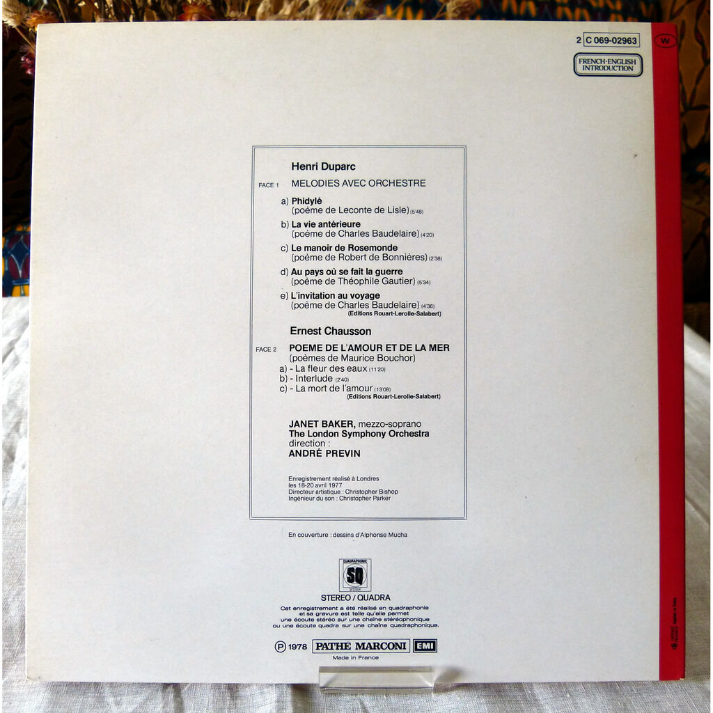 H.duparc : cinq mélodies avec orchestre / e.chausson : poème de l'amour ...