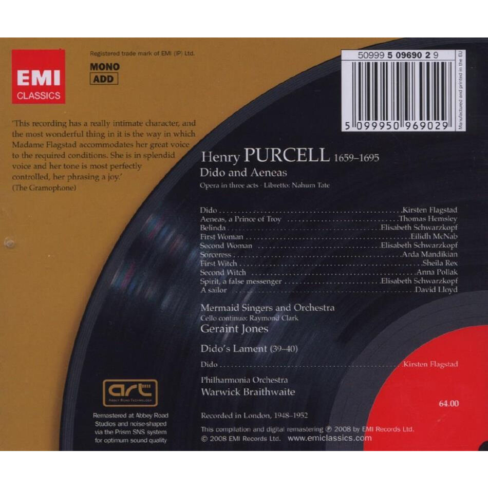Dido and aeneas / flagstad, schwarzkopf, hemsley, mcnab, mandikian, rex ...