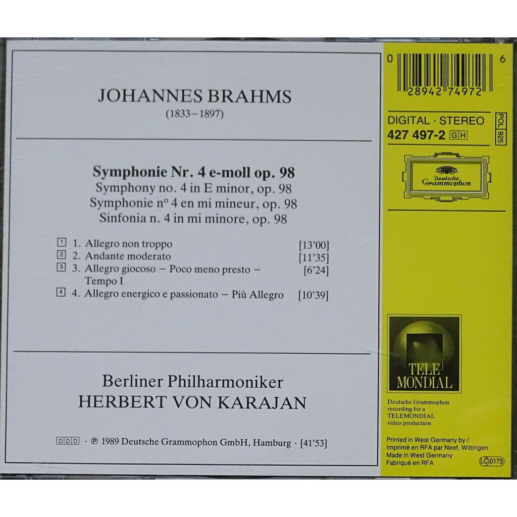 Symphonie no.4 / berliner philharmoniker, herbert von karajan de Brahms, Johannes, CD chez ...