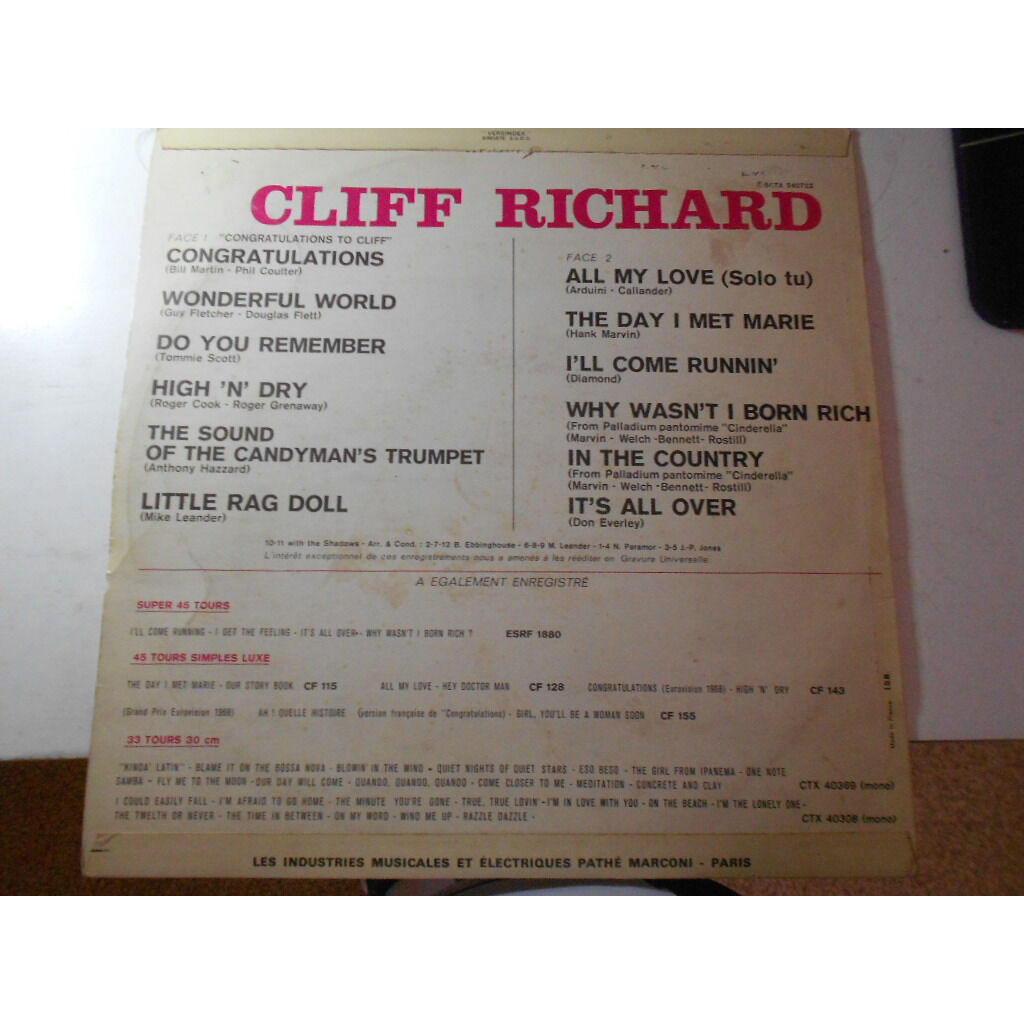 Congratulations de Cliff Richard, 33T chez stereotomy - Ref:122560917