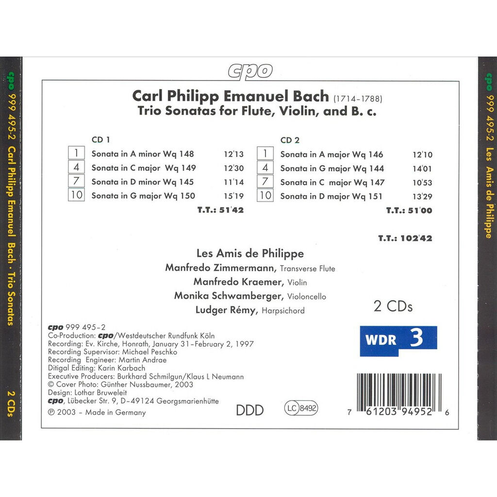 Trio sonatas de Carl Philipp Emanuel Bach - Les Amis De Philippe, CD x ...