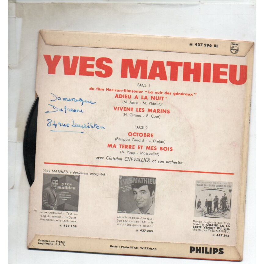 Adieu à la nuit/vivent les marins/octobre/ma terre et mes bois de Yves ...