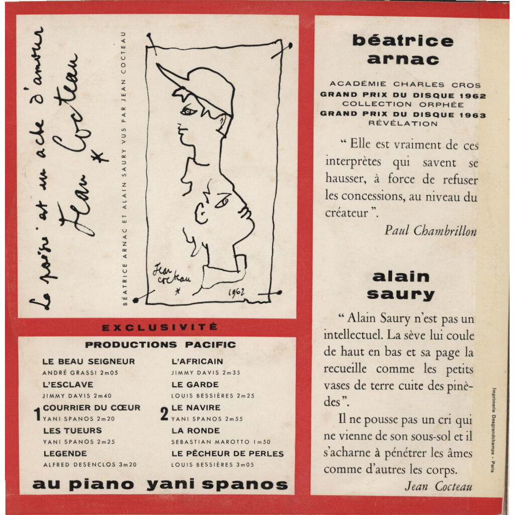 Chante alain saury + livret + dessin et texte de jean cocteau de ...