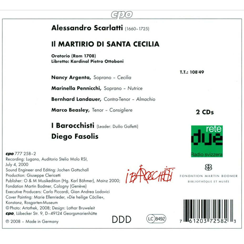 Il martirio di santa cecilia / i barocchisti, diego fasolis de Scarlatti, Alessandro, CD x 2 ...