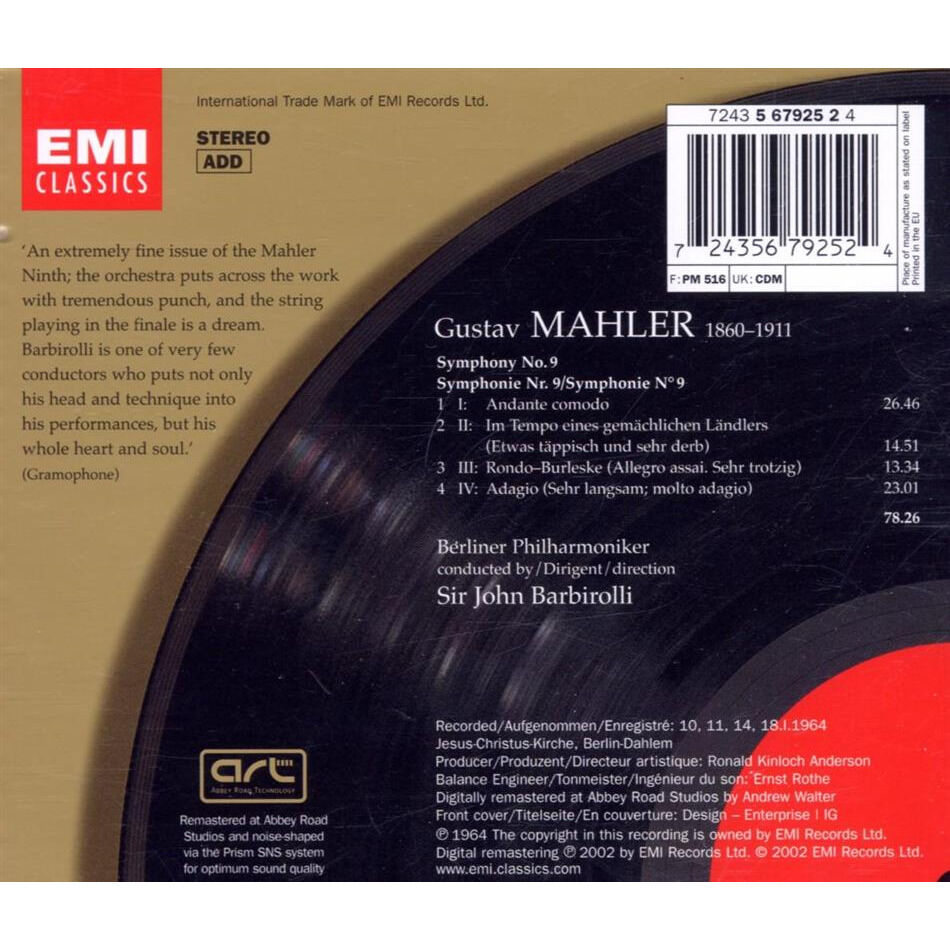 Symphony no. 9 / berliner philharmoniker, john barbirolli by Mahler, Gustav, CD with melomaan ...