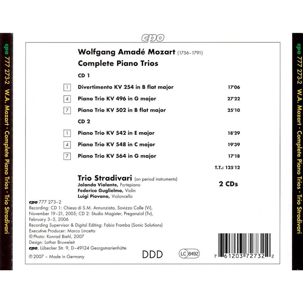 Complete piano trios / trio stradivari de Mozart, Wolfgang Amadeus, CD x 2 chez melomaan - Ref ...